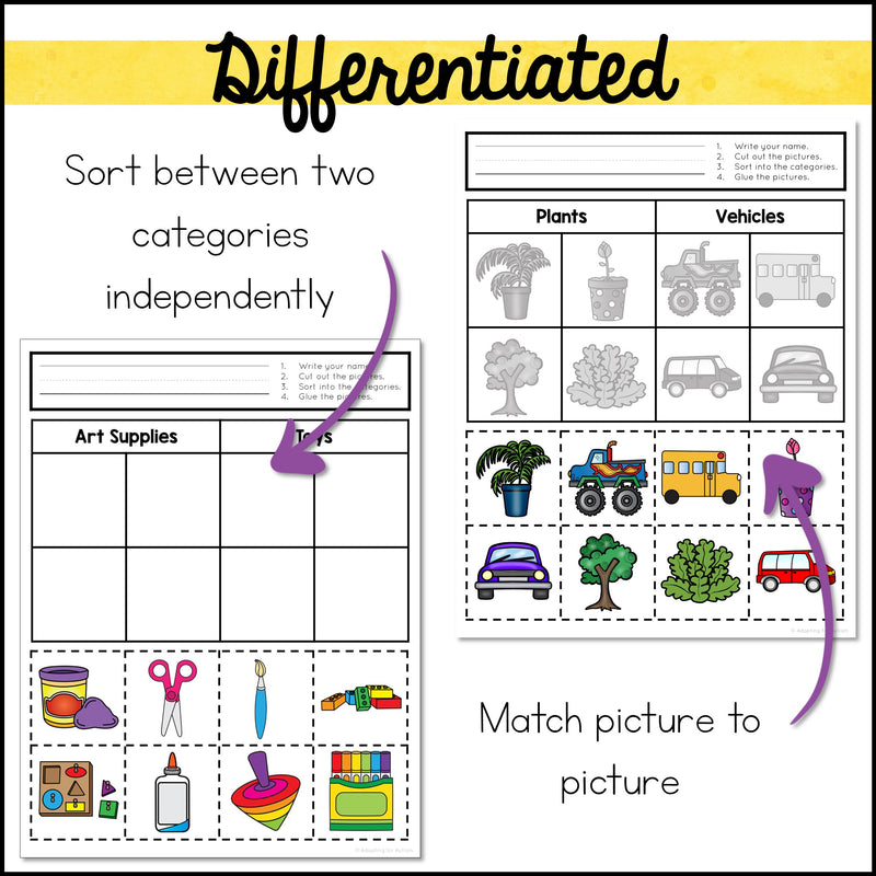 Category Sorting Cut and Paste Activities – Autism Work Tasks