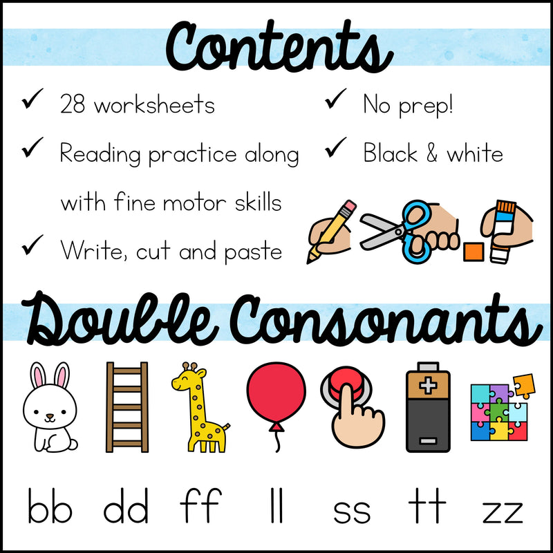 Double Consonants Phonics Worksheets: Cut and Paste Activities for Wor ...