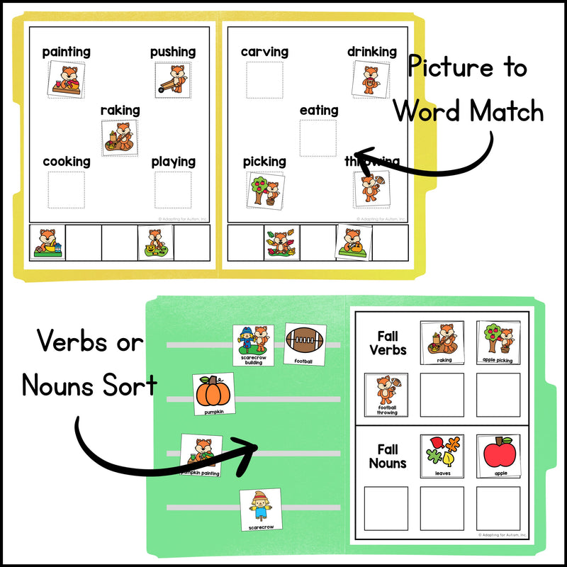 Fall File Folder Games and Activities - Fall Verbs Match and Sort ...