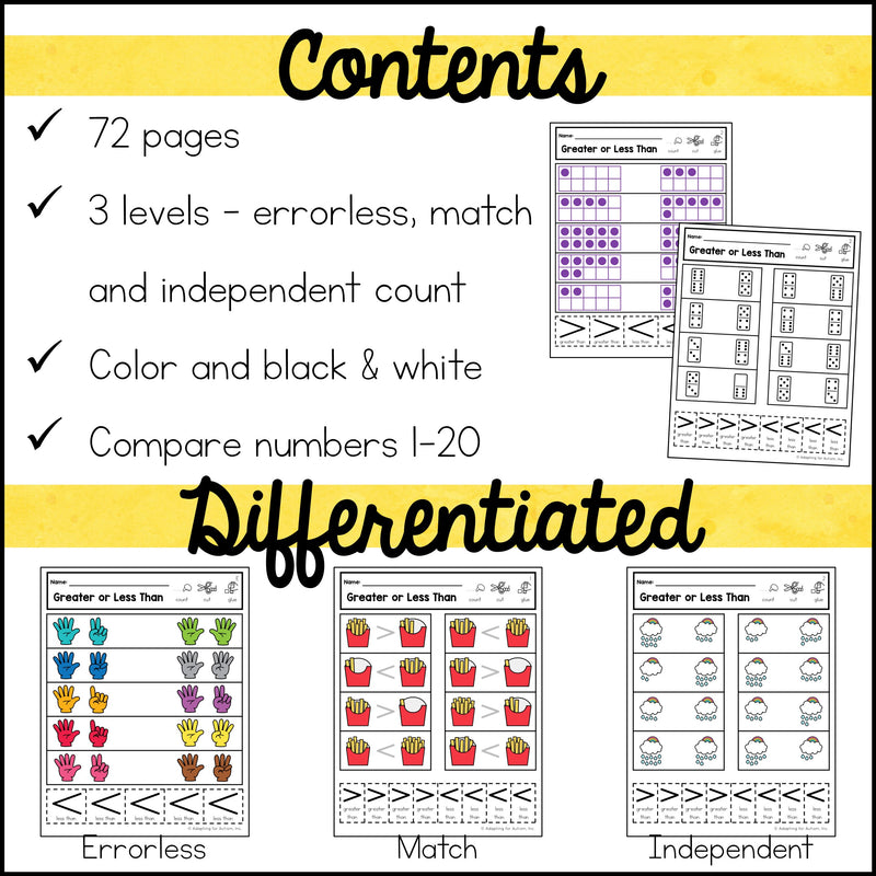 Cut and Paste Math Worksheets Greater or Less Than Comparing Numbers A ...