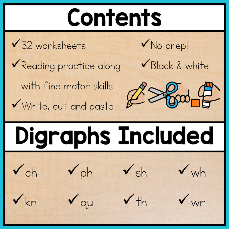 Beginning Digraphs Phonics Worksheets: Cut and Paste Activities for Wo ...
