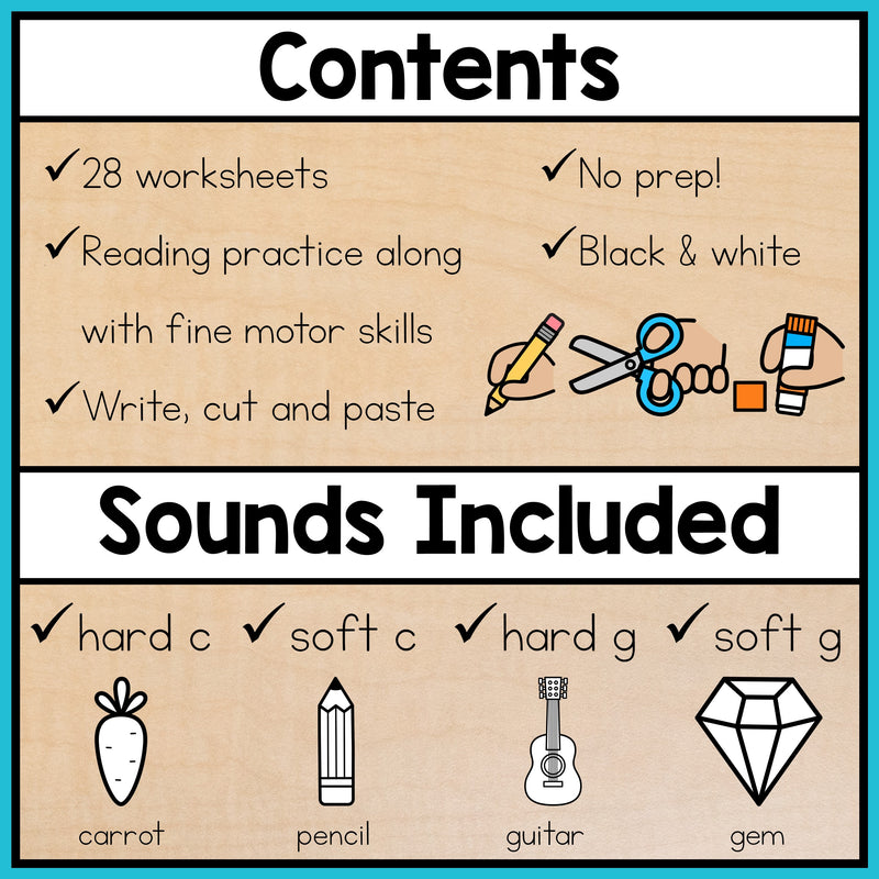 Hard and Soft C and G Phonics Worksheets: Cut and Paste Activities for ...
