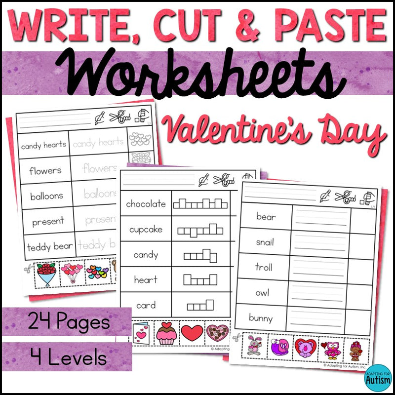Valentine's Day Write Cut and Paste Worksheets – Autism Work Tasks