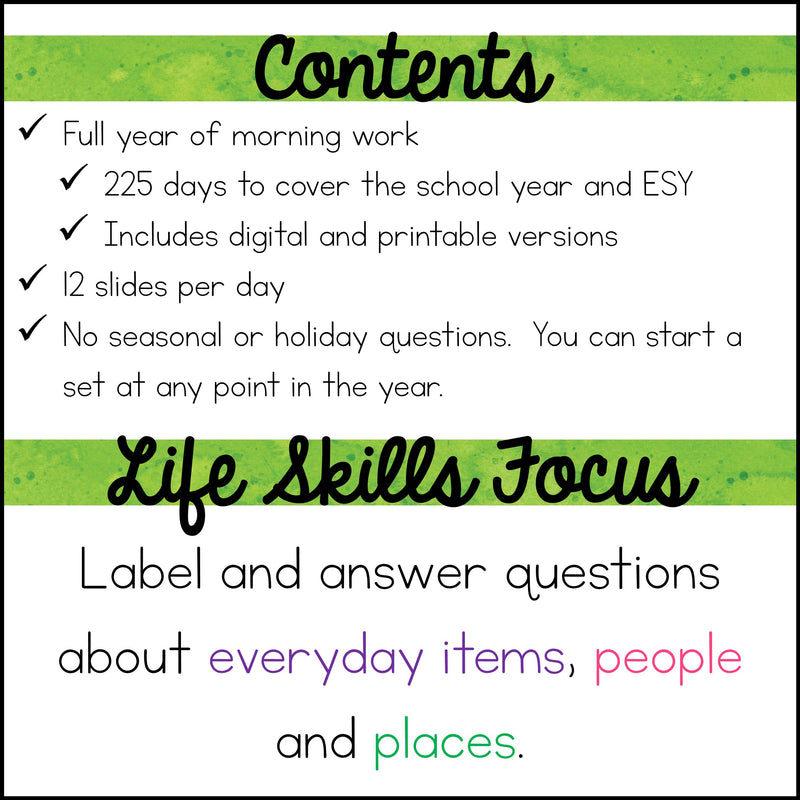 Life Skills Digital Morning Work Yearlong BUNDLE – Autism Work Tasks