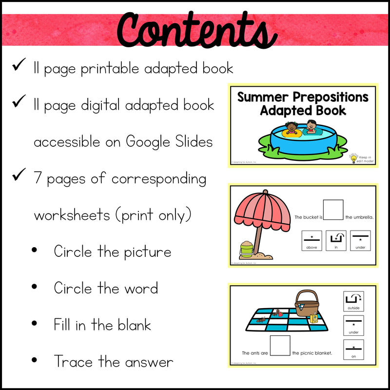 Summer Adapted Book: Prepositions (Print and Digital) – Autism Work Tasks