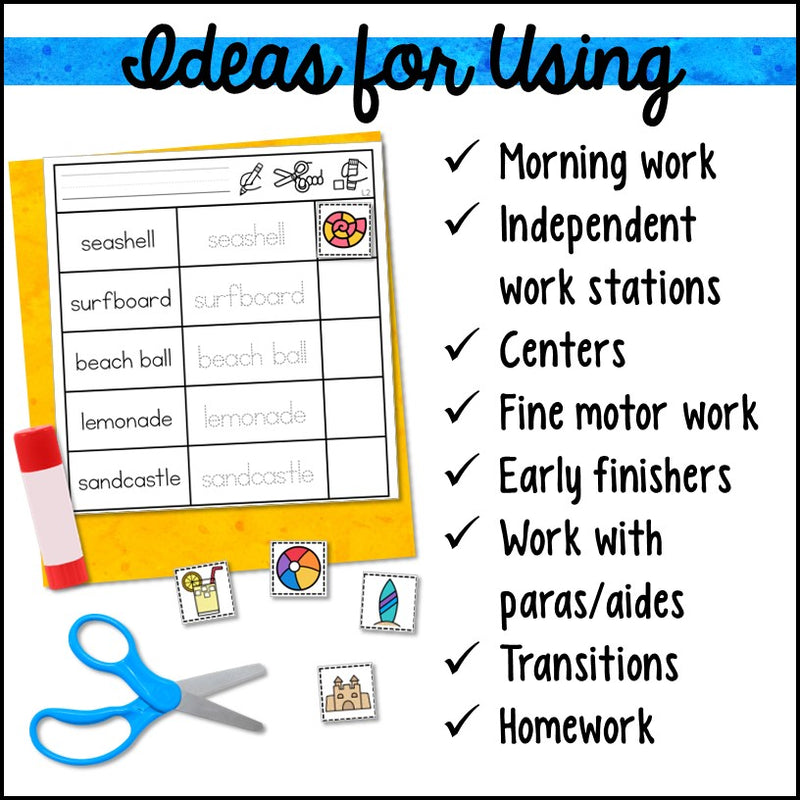 Summer Write Cut and Paste Activities – Autism Work Tasks