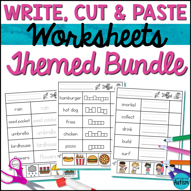 Themed Write Cut and Paste Activities Bundle – Autism Work Tasks