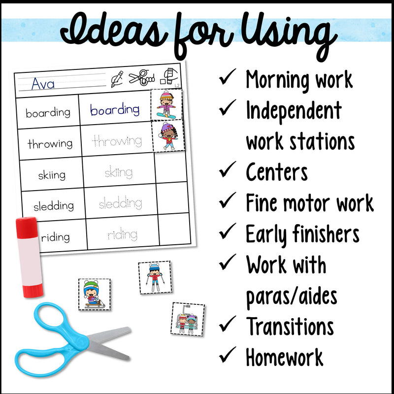 Winter Write Cut and Paste Worksheets – Autism Work Tasks