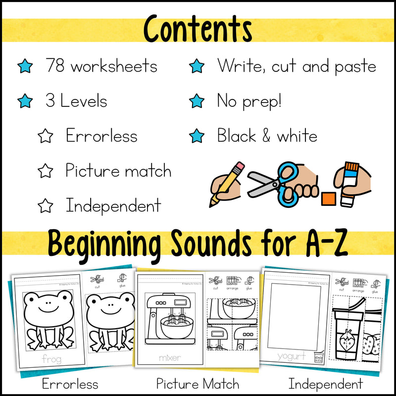 Alphabet Cut and Paste Activities: Beginning Sounds Puzzle Worksheets ...