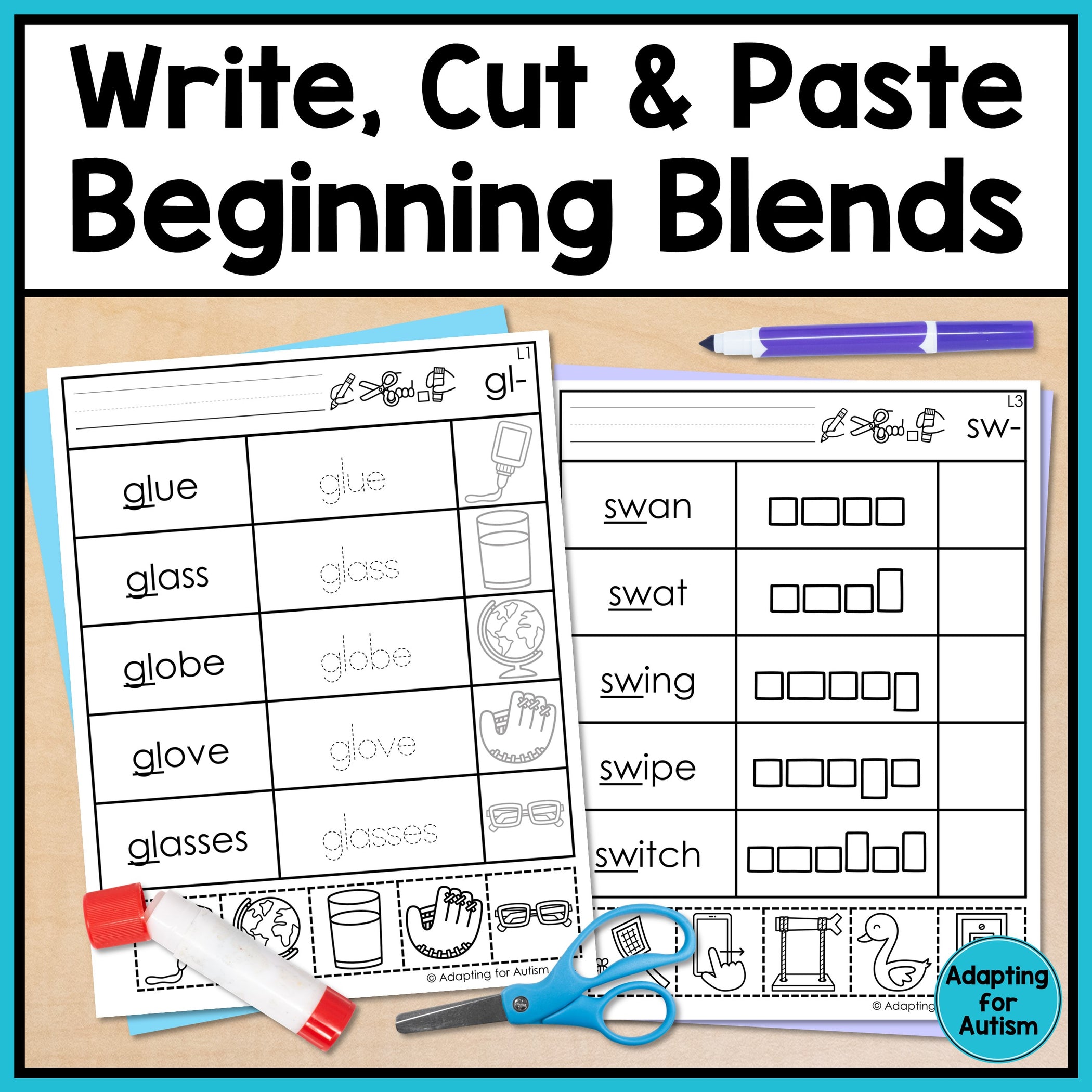 Beginning Blends Phonics Worksheets: Cut and Paste Activities for Word ...