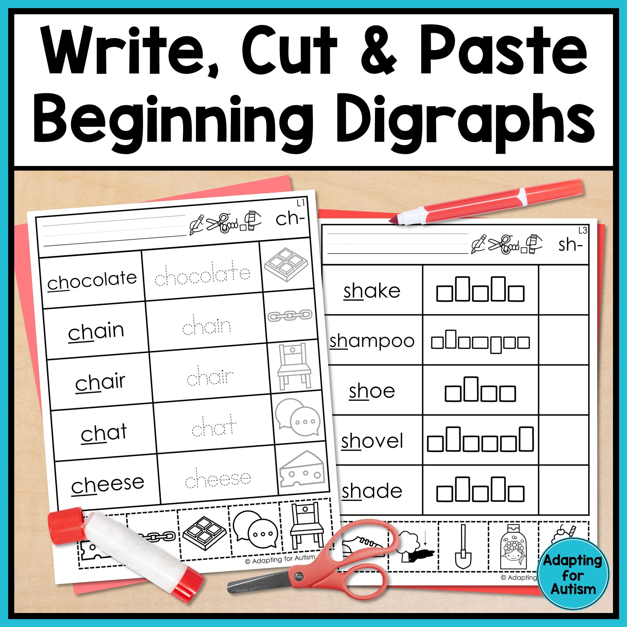 Beginning Digraphs Phonics Worksheets: Cut and Paste Activities for Wo ...