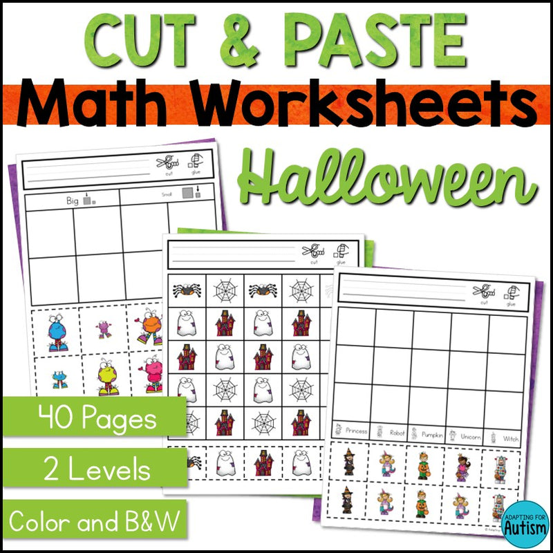 Halloween Cut and Paste Math Activities – Autism Work Tasks