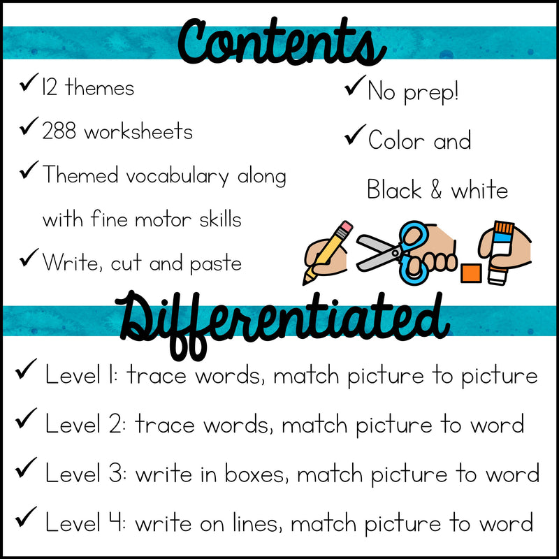 Themed Write Cut and Paste Activities Bundle – Autism Work Tasks